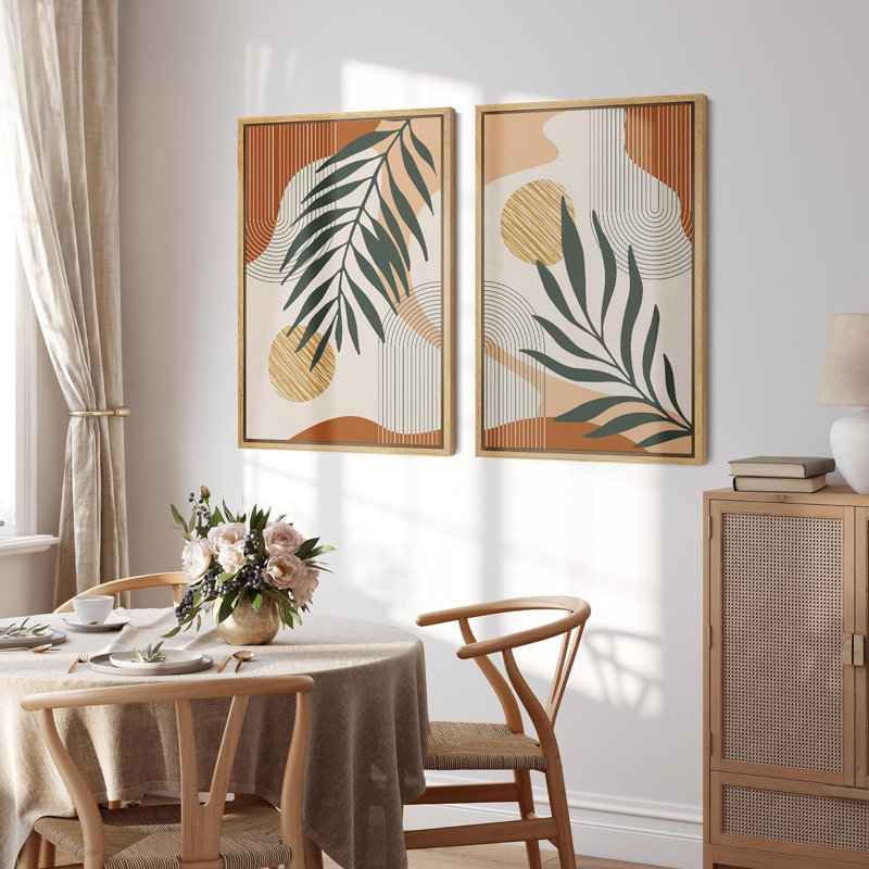 IDEA4WALL Mid Century Modern Palm Leaf Geometry Abstract Plants Framed Canvas 2 Piece Print Boho ...